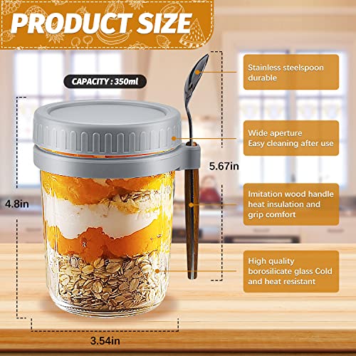 Nialnant Overnight Oats Jars with Lid and Spoon,10 Oz Airtight Overnight Oats Container with Measurement Marks,Mason Jars for Overnight Oats,Fruit,Vegetable
