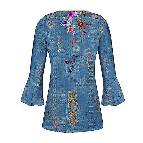 JDHUFEI Womens Shirts Summer 2023 Casual Print V-Neck Tshirts Linen Button Tunic Tops Boho Floral Fold Ladies Blouse Tees
