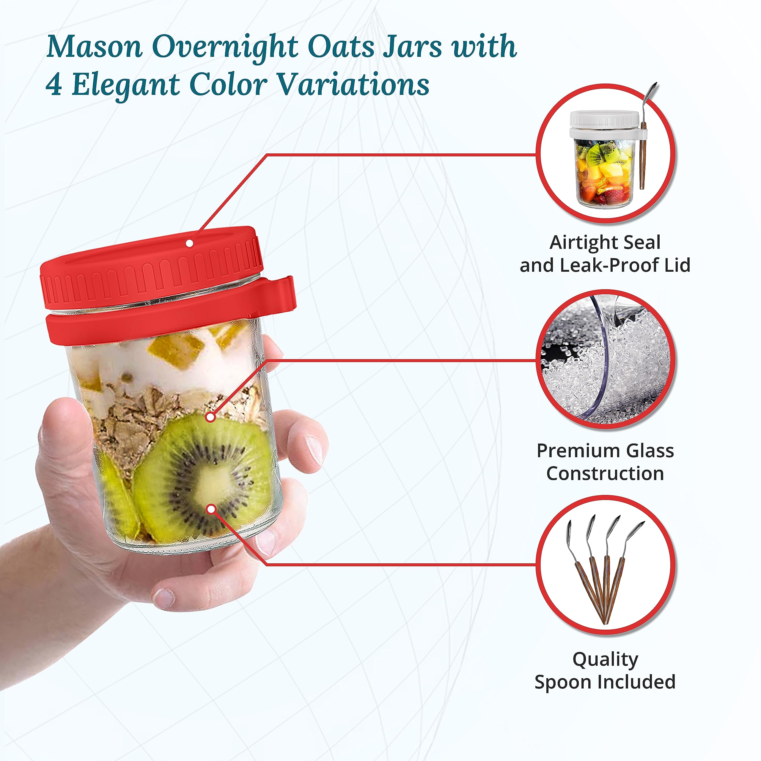 Overnight Oats Container with Lid and Spoon Airtight 16 oz Glass for Cereal Yogurt Milk Fruit, chia pudding jars, Overnight Oats Leak Proof Oatmeal Container, yogurt container with lids, 4-pack