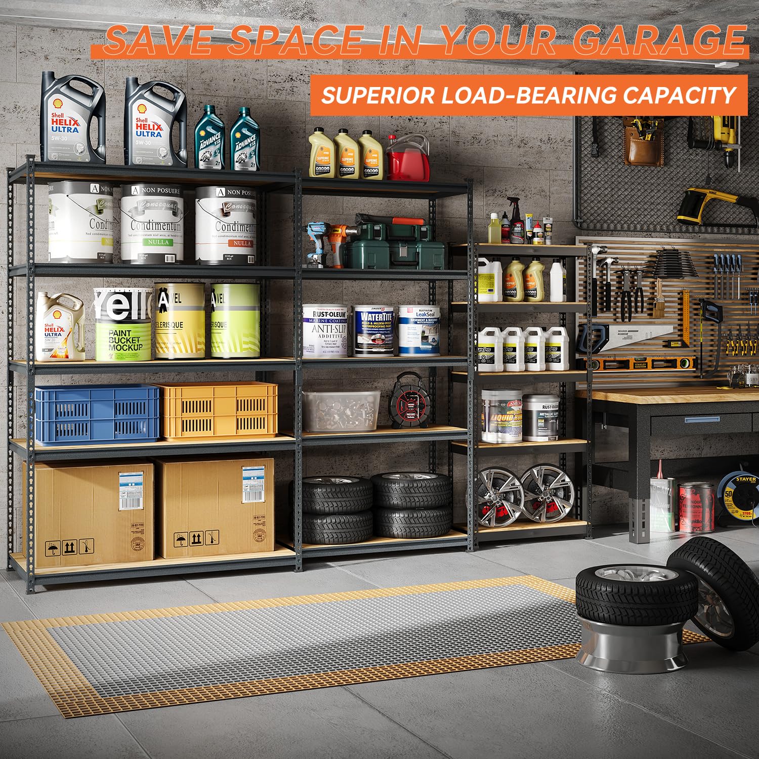 STRENGLEE 5-Tier Storage Rack Metal Shelving, Durable MDF, Adjustable, Heavy Duty, Garage & Warehouse Storage, 28x12x59 Inches, 265 lbs/Level