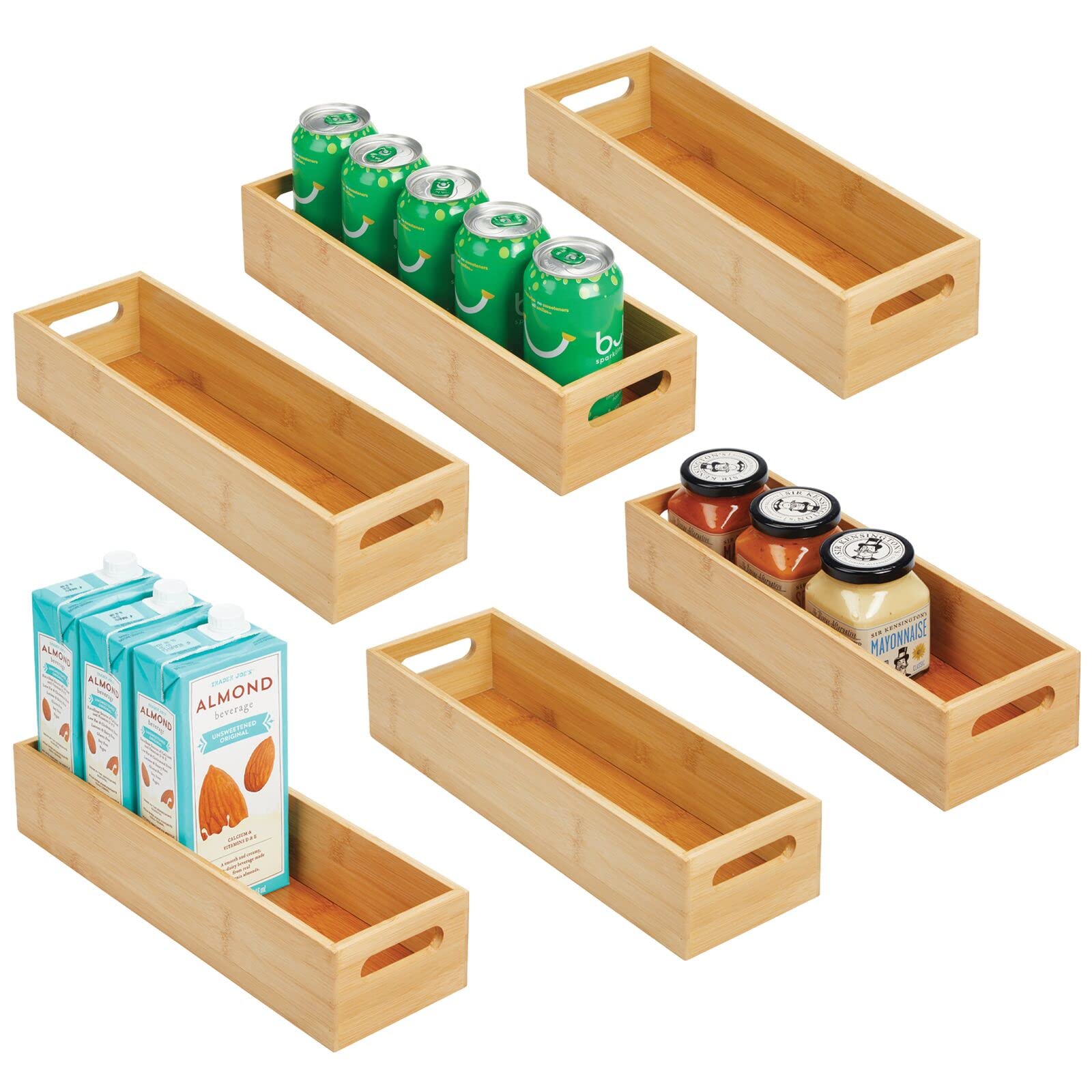 mDesign Slim Bamboo Kitchen Cabinet & Fridge Drawer Organizer Tray - Storage Bin for Cutlery, Serving Spoons, Cooking Utensils, Gadgets - 4.6 inches Wide - 6 Pack - Natural Wood Finish