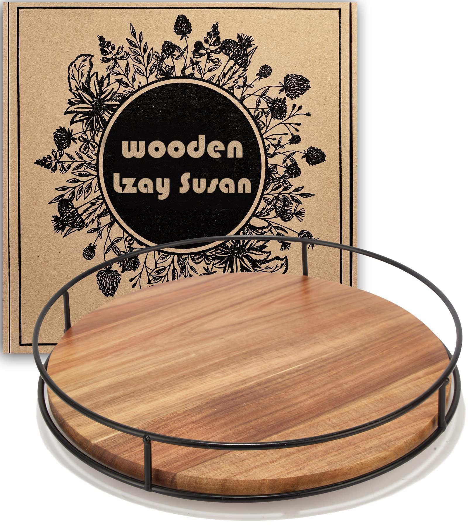 12" Acacia Wood Lazy Susan Turntable, Tomoaza Kitchen Organizer Turntable with Steel Sides, 360 Degree Turntable for Countertop Cabinet or Dining Table(Black)