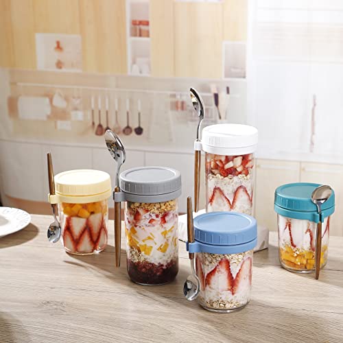 CAKRETY 2 Pack Overnight Oats Containers with Lids and Spoons, 16 oz Glass Mason Overnight Oats Jars, Large Capacity Airtight Jars for Milk, Cereal, Fruit