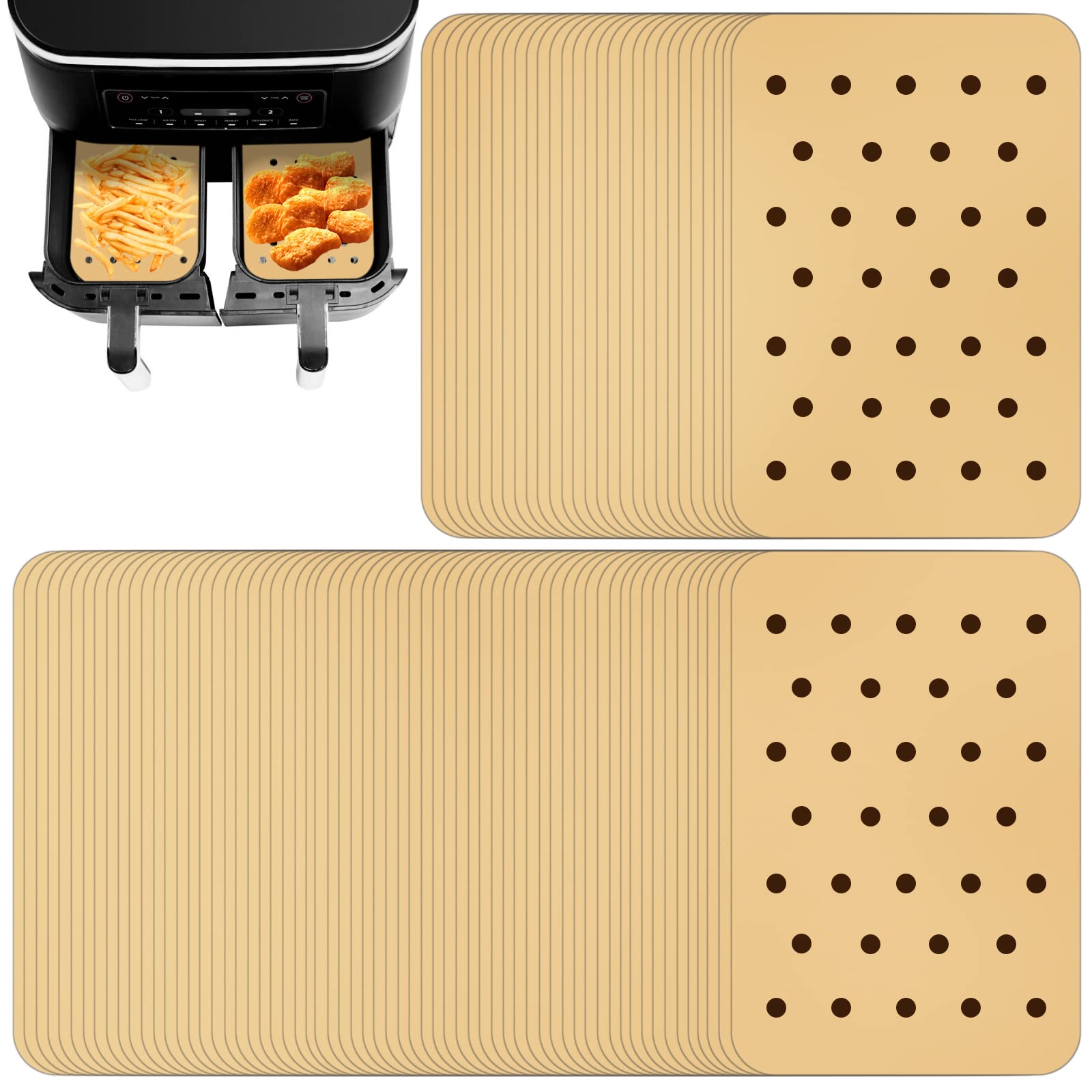 BYKITCHEN Parchment Paper for DZ201 Dual Air Fryer, Unbleached Small Rectangle Perforated Double Air Fryer Liners for Ninja Dual Basket, Ninja Dual Air Fryer Accessories(Set of 100)