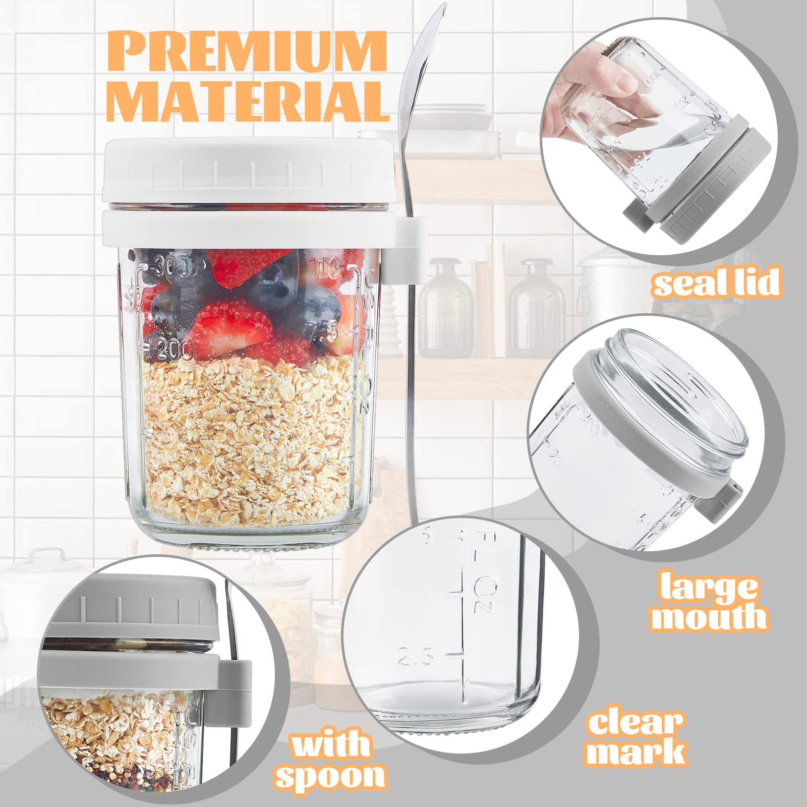 Kucoele Overnight Oats Jars with Lids and Spoons, 2 Pack 12 oz Glass Mason Jars Oatmeal Containers with Measurement Marks for Cereal, Milk, Vegetable and Fruit Salad (Grey+White)