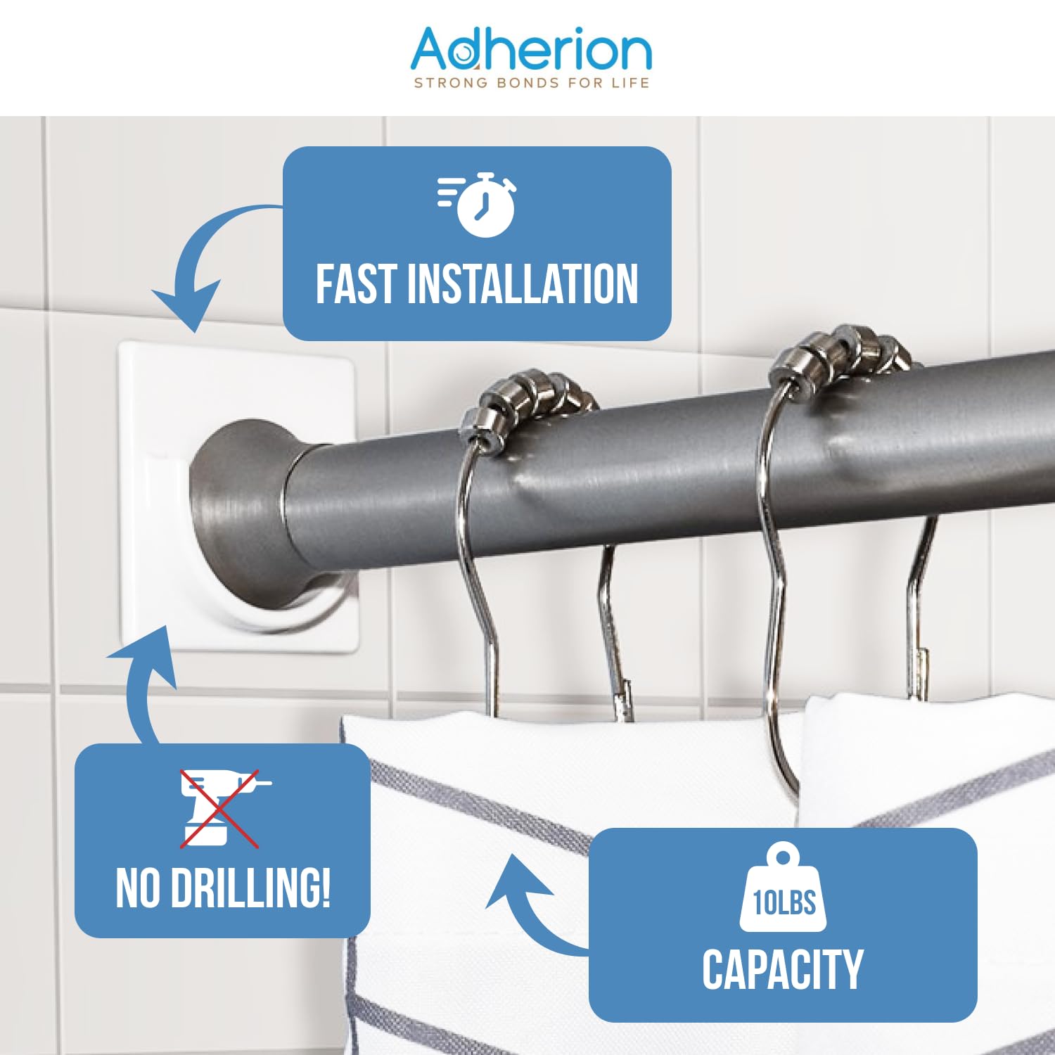 Adherion Adhesive Shower Curtain Rod Holder | Rod Retainer | Bathroom Tension Rod Wall Mount Brackets | No Drilling | Stick On | 3M Adhesive | White | 2 Pack | Shower Curtain Rod not included |