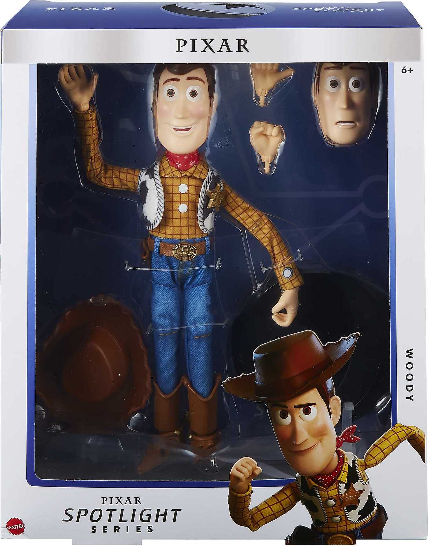 Mattel Pixar Spotlight Series Woody Figure, Disney Pixar Toy Story Collectable, 9.2-in Tall with 2 Hand Sets, 2 Expressions, Articulation & Display Box with Reversible Background