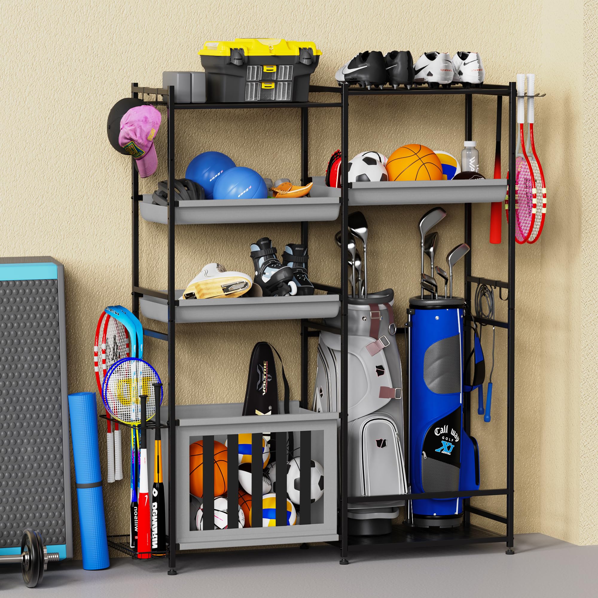 Sttoraboks Garage Sports Equipment Organizer, Large Sports Storage Rack Fits 2 Golf Bags and Other Sports Equipment, Sports Ball Gear Storage Stand with Oxford Baskets and Hooks for Indoor, , Black