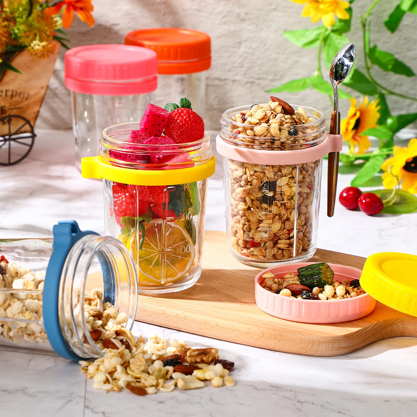 Zubebe 8 Pcs Overnight Oats Container 12 oz Glass Overnight Oats Jars with Lid and Spoon Oatmeal Container Storage Mason Jar for Overnight Oats Cup with Measurement Marks for Cereal Yogurt Food