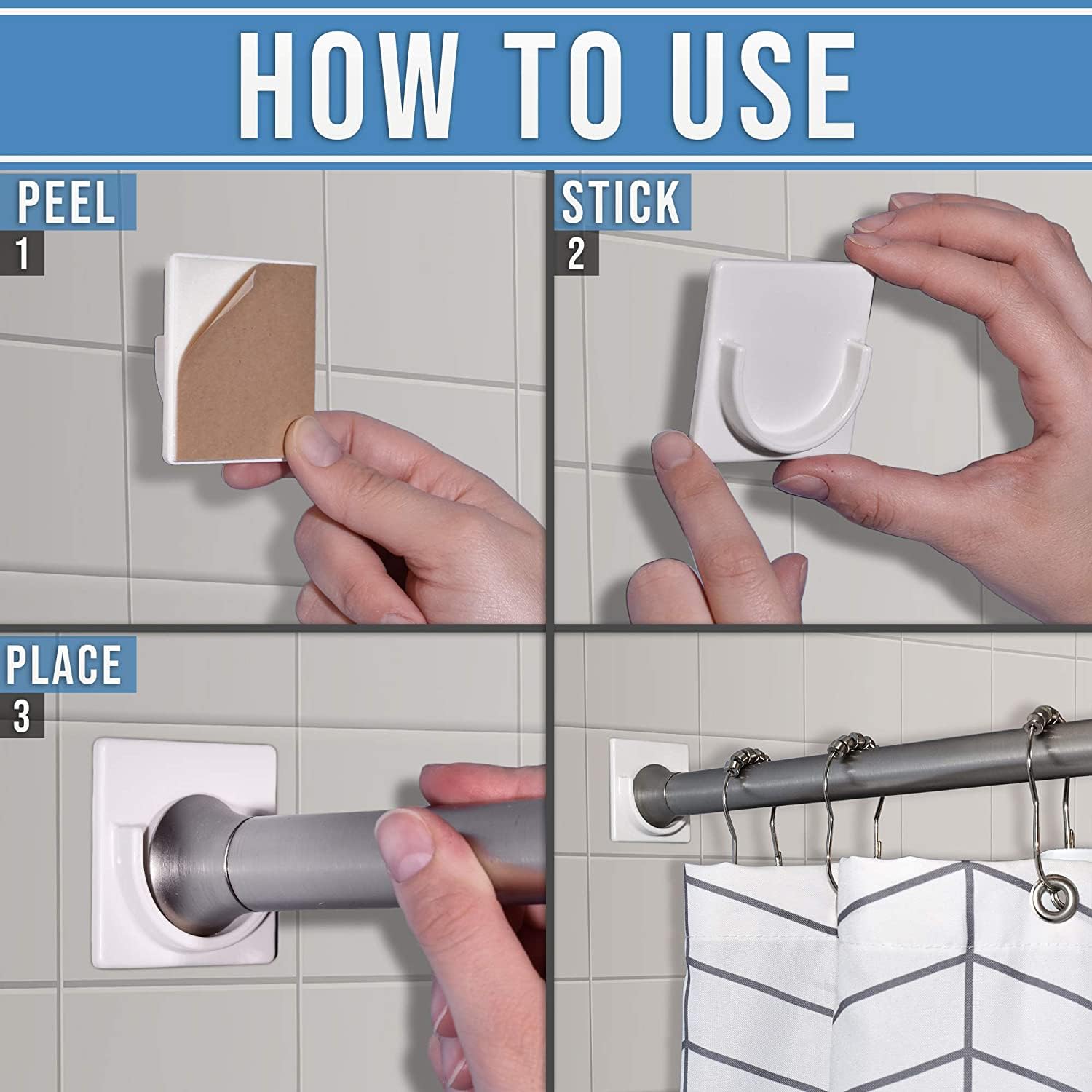 Adherion Adhesive Shower Curtain Rod Holder | Rod Retainer | Bathroom Tension Rod Wall Mount Brackets | No Drilling | Stick On | 3M Adhesive | White | 2 Pack | Shower Curtain Rod not included |