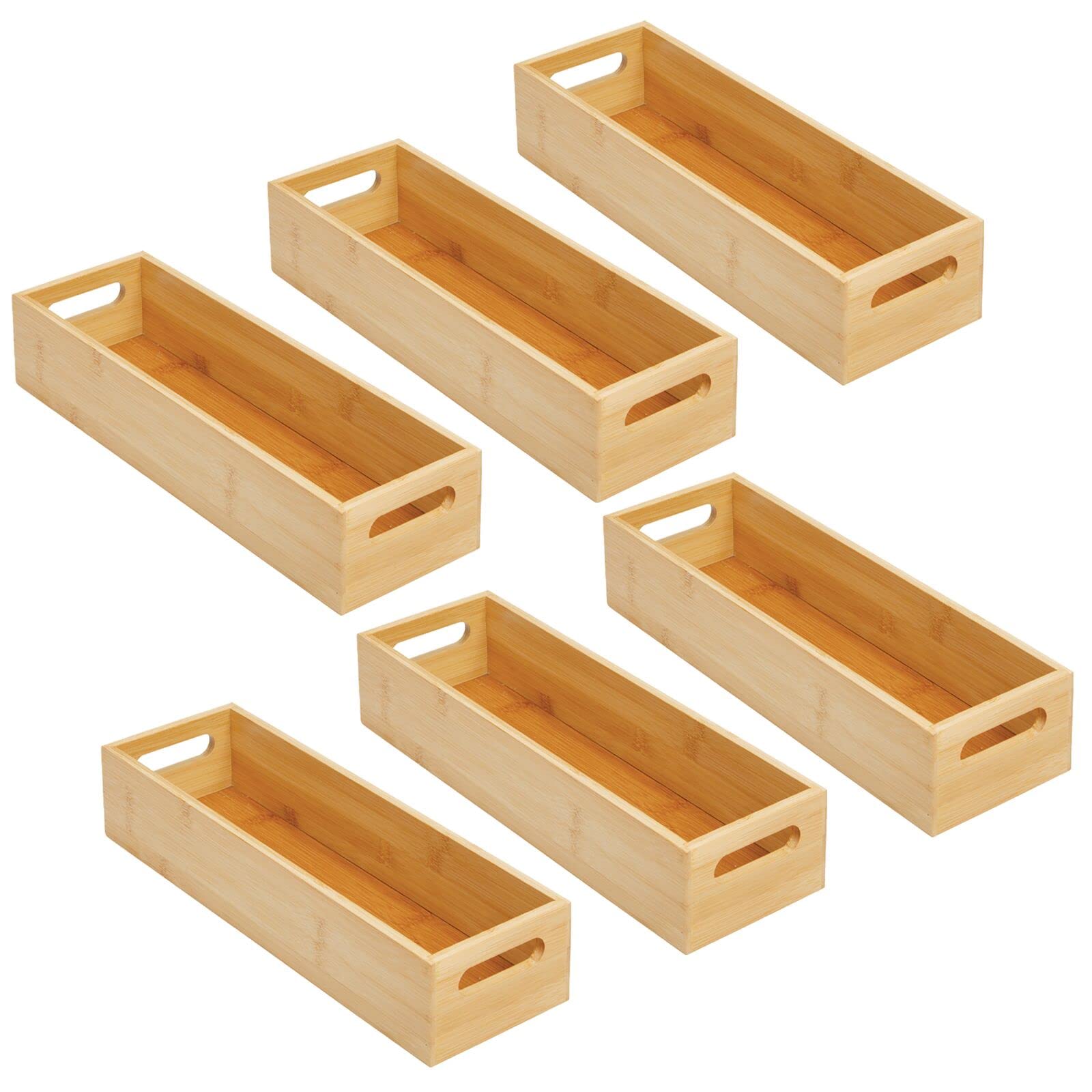 mDesign Slim Bamboo Kitchen Cabinet & Fridge Drawer Organizer Tray - Storage Bin for Cutlery, Serving Spoons, Cooking Utensils, Gadgets - 4.6 inches Wide - 6 Pack - Natural Wood Finish