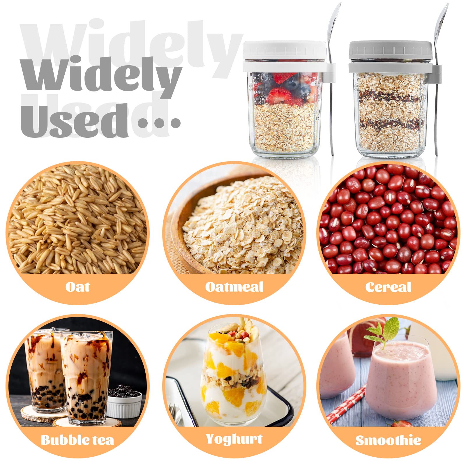 Kucoele Overnight Oats Jars with Lids and Spoons, 2 Pack 12 oz Glass Mason Jars Oatmeal Containers with Measurement Marks for Cereal, Milk, Vegetable and Fruit Salad (Grey+White)