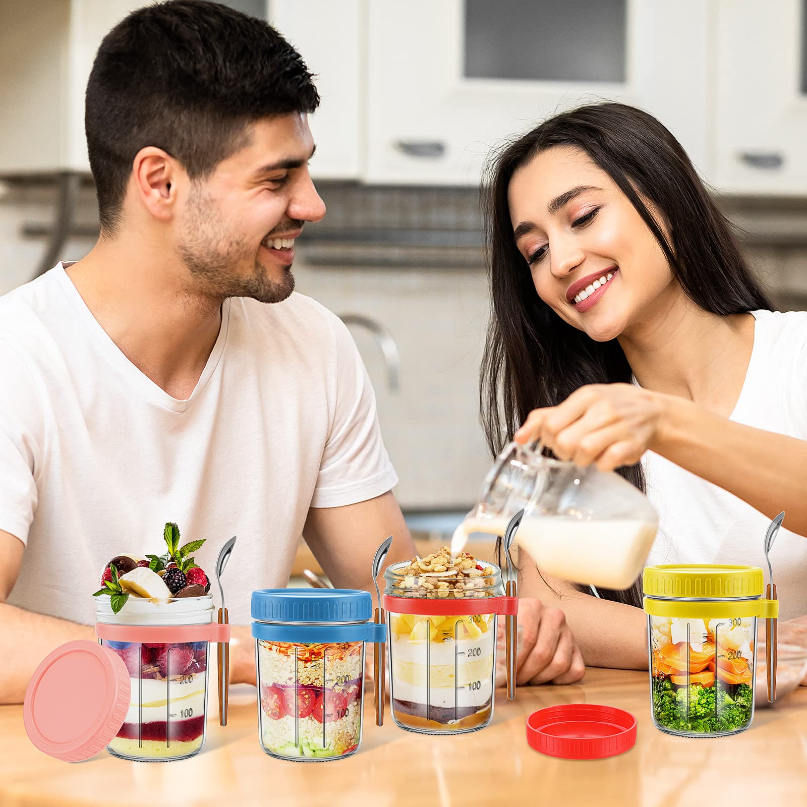 Zubebe 8 Pcs Overnight Oats Container 12 oz Glass Overnight Oats Jars with Lid and Spoon Oatmeal Container Storage Mason Jar for Overnight Oats Cup with Measurement Marks for Cereal Yogurt Food