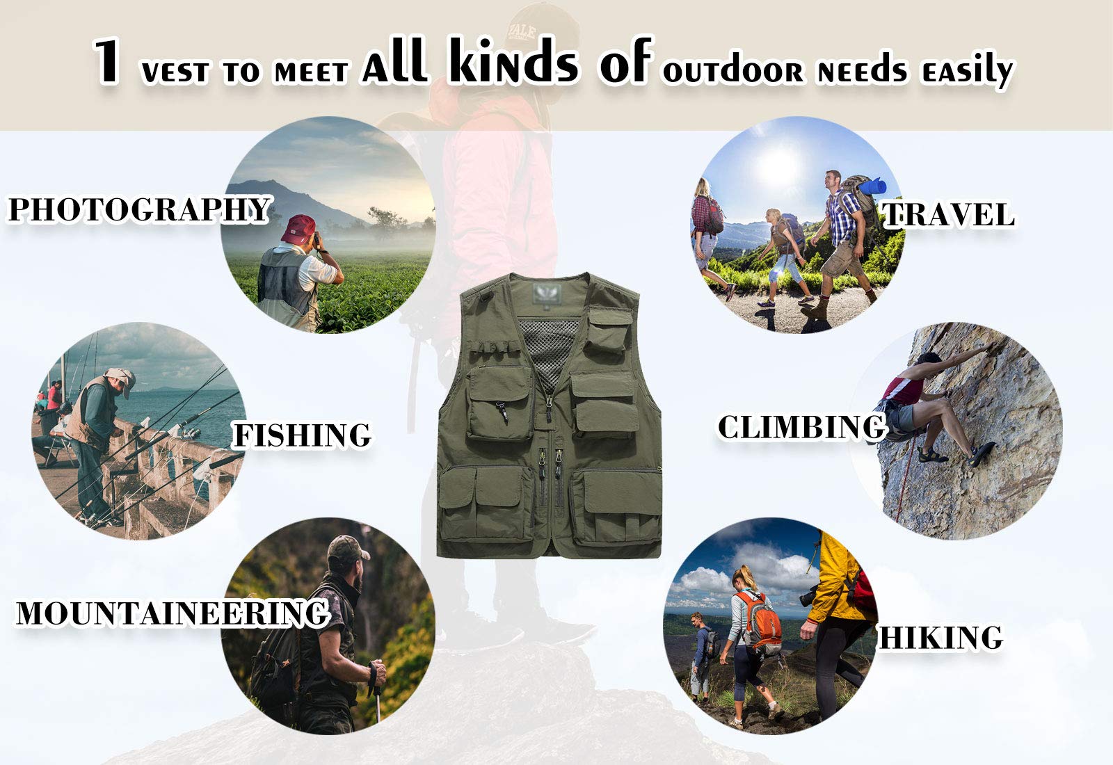 Flygo Men's Multi-Pocket Outdoor Quick Dry Mesh Fishing Safari Photo Work Vest (Large, Black)