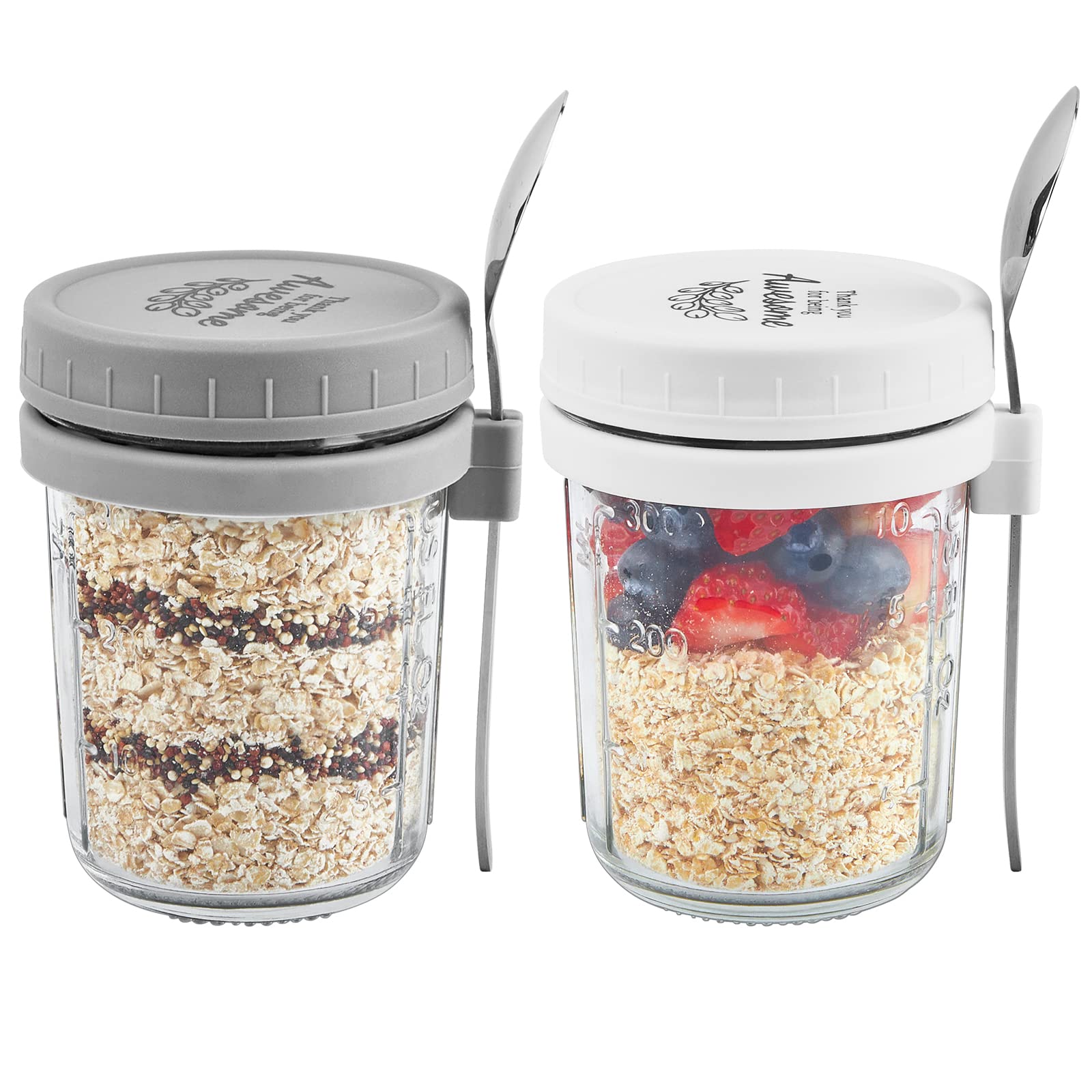 Kucoele Overnight Oats Jars with Lids and Spoons, 2 Pack 12 oz Glass Mason Jars Oatmeal Containers with Measurement Marks for Cereal, Milk, Vegetable and Fruit Salad (Grey+White)