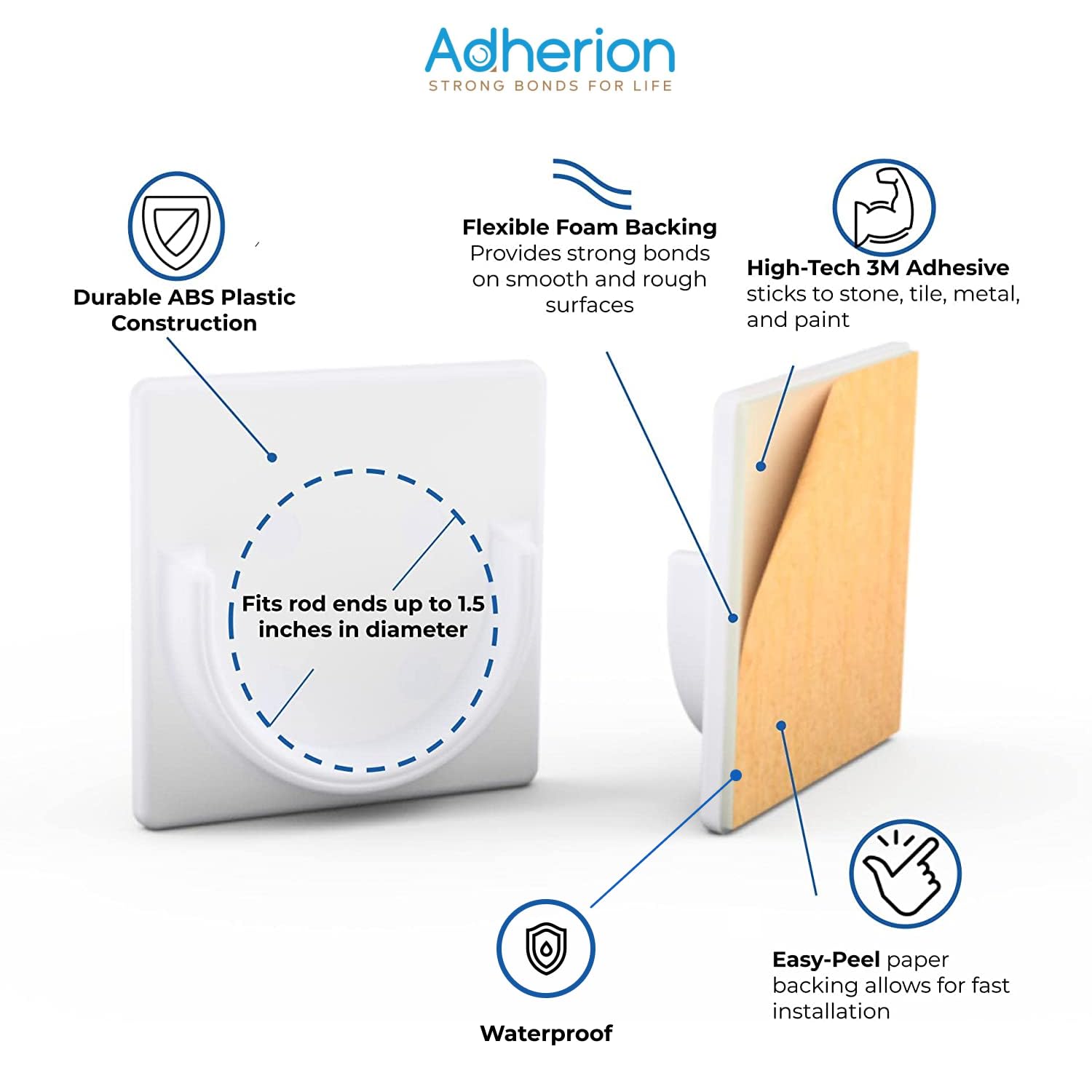 Adherion Adhesive Shower Curtain Rod Holder | Rod Retainer | Bathroom Tension Rod Wall Mount Brackets | No Drilling | Stick On | 3M Adhesive | White | 2 Pack | Shower Curtain Rod not included |