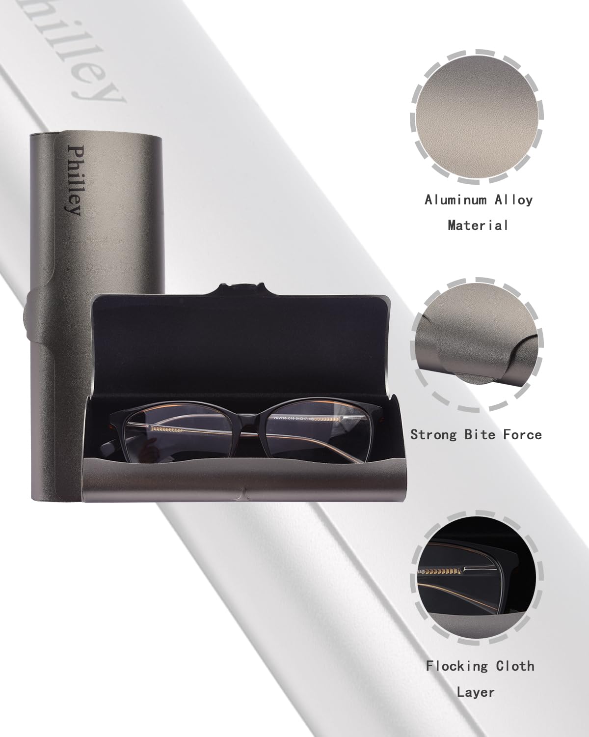 Philley Aluminum Ultra-Light Eyeglass Case Hard Shell Nearsighted Glasses Case for Women & Men(Gun Grey)
