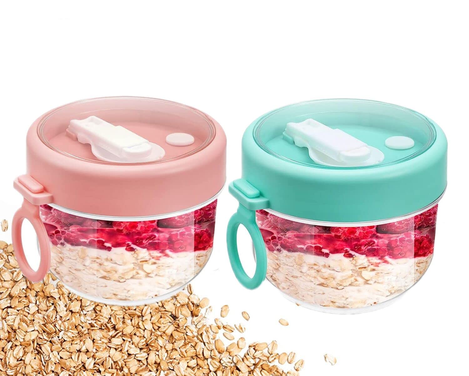 Portable Overnight Oats Containers with Lids and Spoon, Overnight Oats Jars for Breakfast, MealPrep Jar Airtight, 20 OZ, Large, Airtight, Set of 2