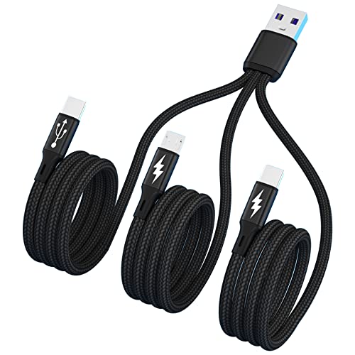GELRHONR Multi USB C Splitter Cable,USB A to Dual Type-C + Micro USB Male Charge Cable,Nylon Braided Cord with 3x1.2m Cable, 5A Fast Charge,Compatible with Mobile/Android and More (3.9FT-1.2M)