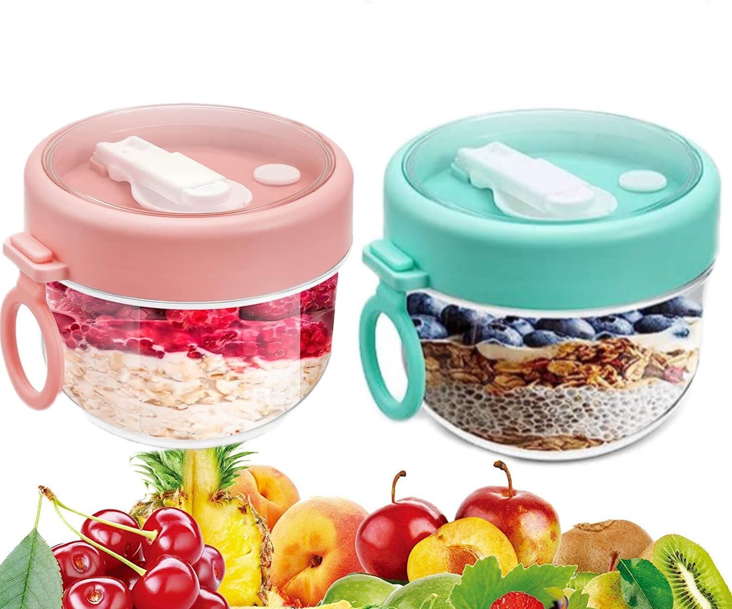 Portable Overnight Oats Containers with Lids and Spoon, Overnight Oats Jars for Breakfast, MealPrep Jar Airtight, 20 OZ, Large, Airtight, Set of 2