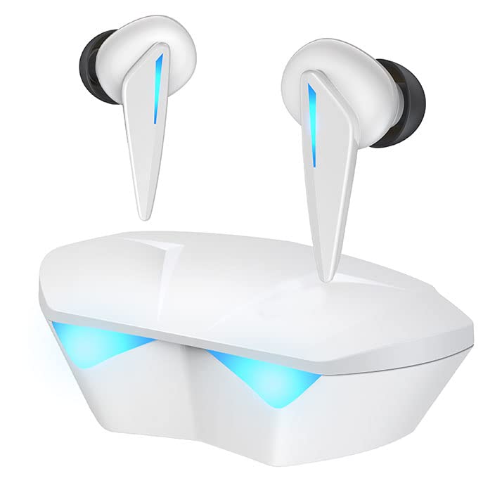 Wireless Gaming Earbuds with Blue Breathing Lights, 65ms Ultra-Low Latency Bluetooth Earbuds, Bluetooth 5.3 chip Dual Modes(Game/Music), HiFi Bass Surround Stereo Sound, 35Hours Playtime(White)