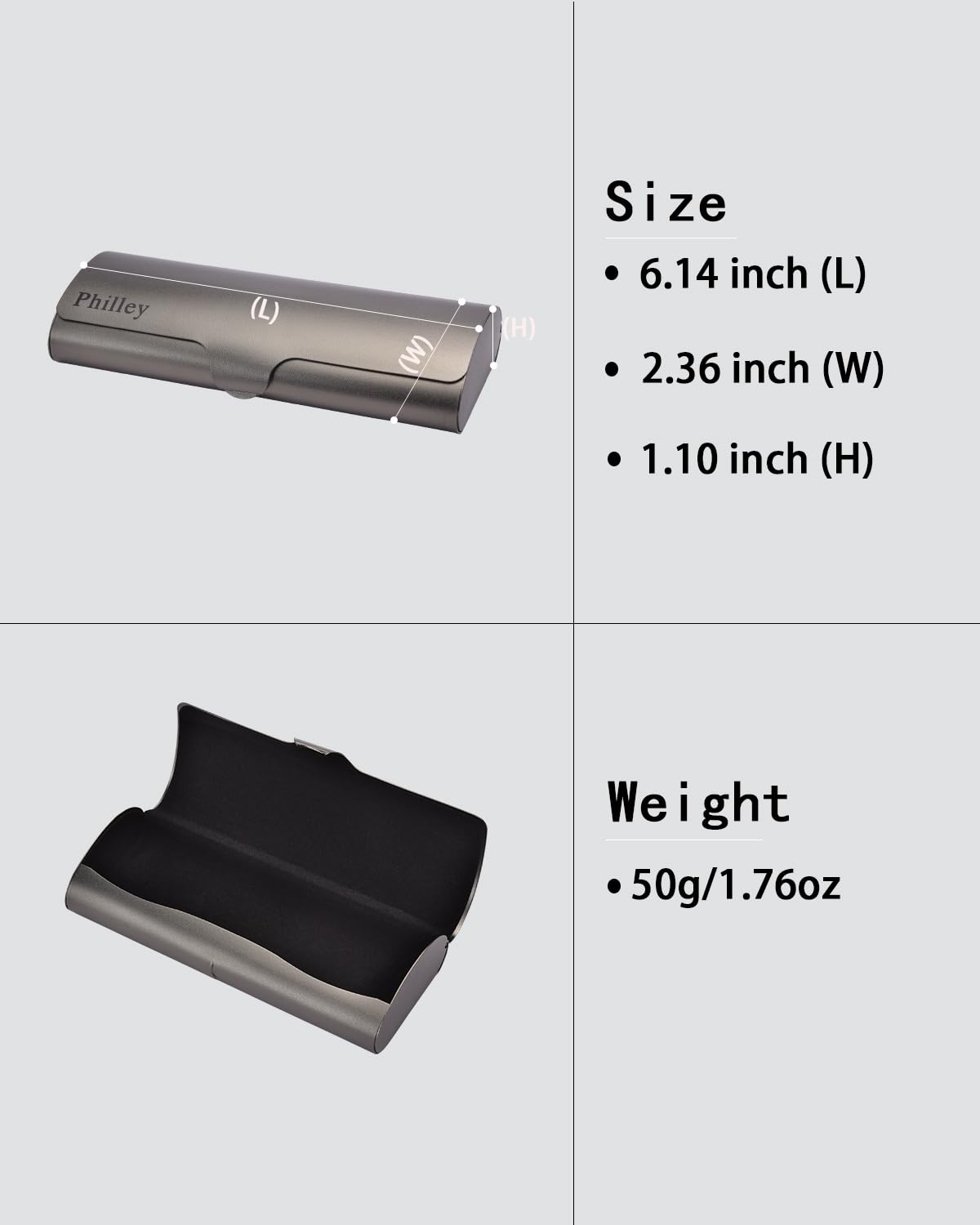 Philley Aluminum Ultra-Light Eyeglass Case Hard Shell Nearsighted Glasses Case for Women & Men(Gun Grey)