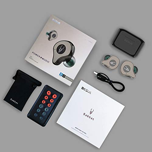 Sabbat True Wireless Earbuds Bluetooth 5.0 Headphones - Besue Deep Bass Wireless Headphones for Sport/Workout, Noise Cancelling Bluetooth Earbuds for Galaxy/iPhone/Android 30H with Wireless Charging