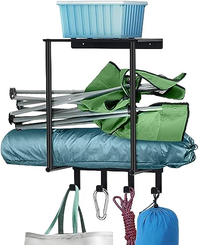 Camping Chair Storage, Metal Camping Chair Holder for Garage with 4 Hooks, Beach Chair and Umbrella Wall Storage Rack, Black