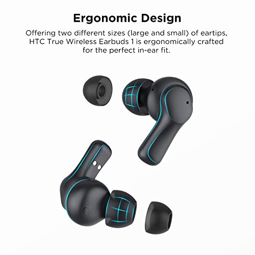 HTC True Wireless Earbuds 1 Bluetooth 5.1 with USB-C Charging Case, 32-Hour Playtime, Built-in Microphone with ENC, Touch Control Wireless Earbuds- Black