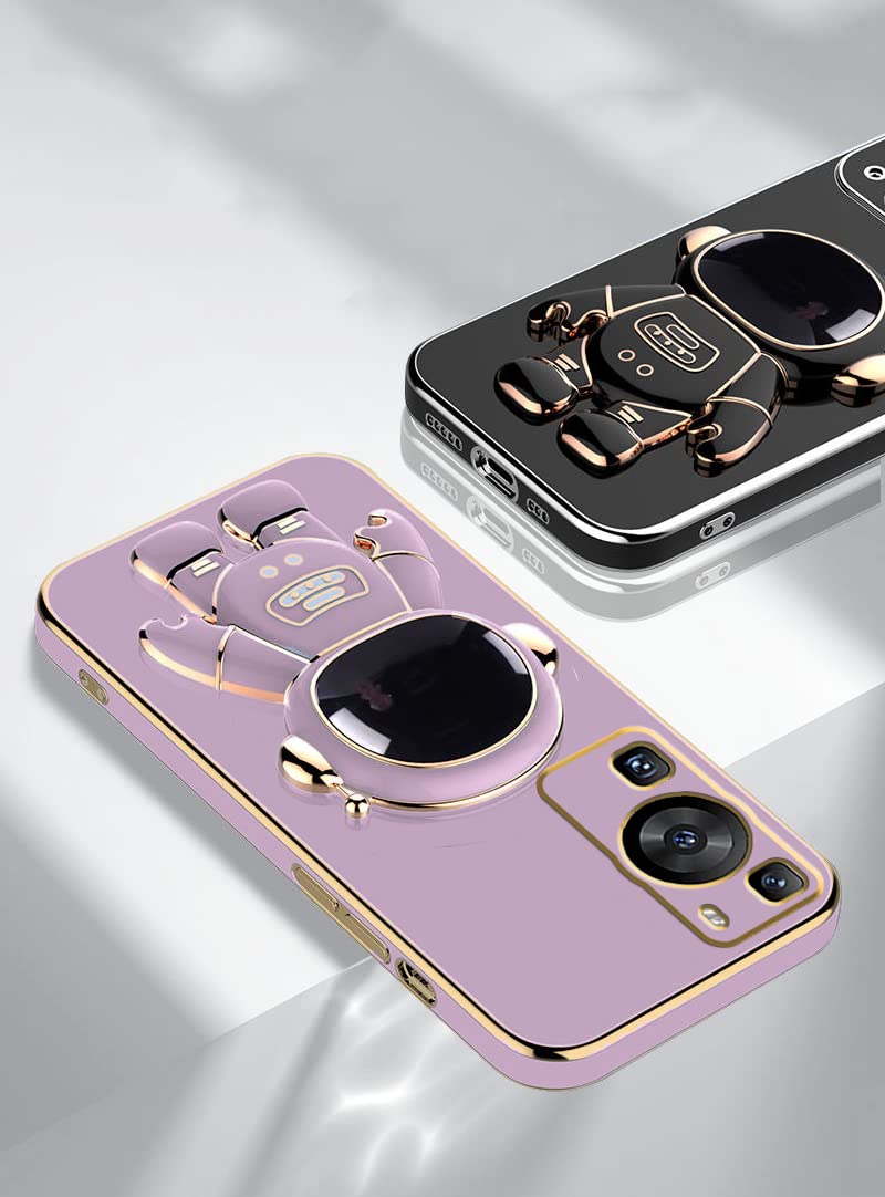 Compatible with Huawei P60 Pro Case for Women Men, Ultra Soft Huawei P60 Pro Phone Case with Stand Silicone TPU Plating Cute Astronaut Pattern Cases Cover (Purple)