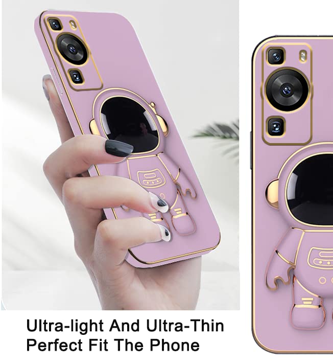 Compatible with Huawei P60 Pro Case for Women Men, Ultra Soft Huawei P60 Pro Phone Case with Stand Silicone TPU Plating Cute Astronaut Pattern Cases Cover (Purple)