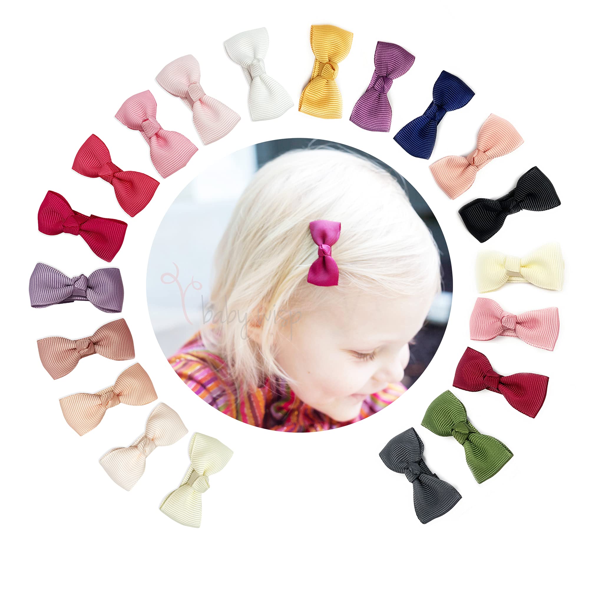 Baby Wisp 20 pc Grosgrain Ribbon Mini Baby Bows Alligator Hair Clips Baby Girl Hair Accessories Shower Gift for Infant Toddler Children Kids Pigtails Ideal Baby