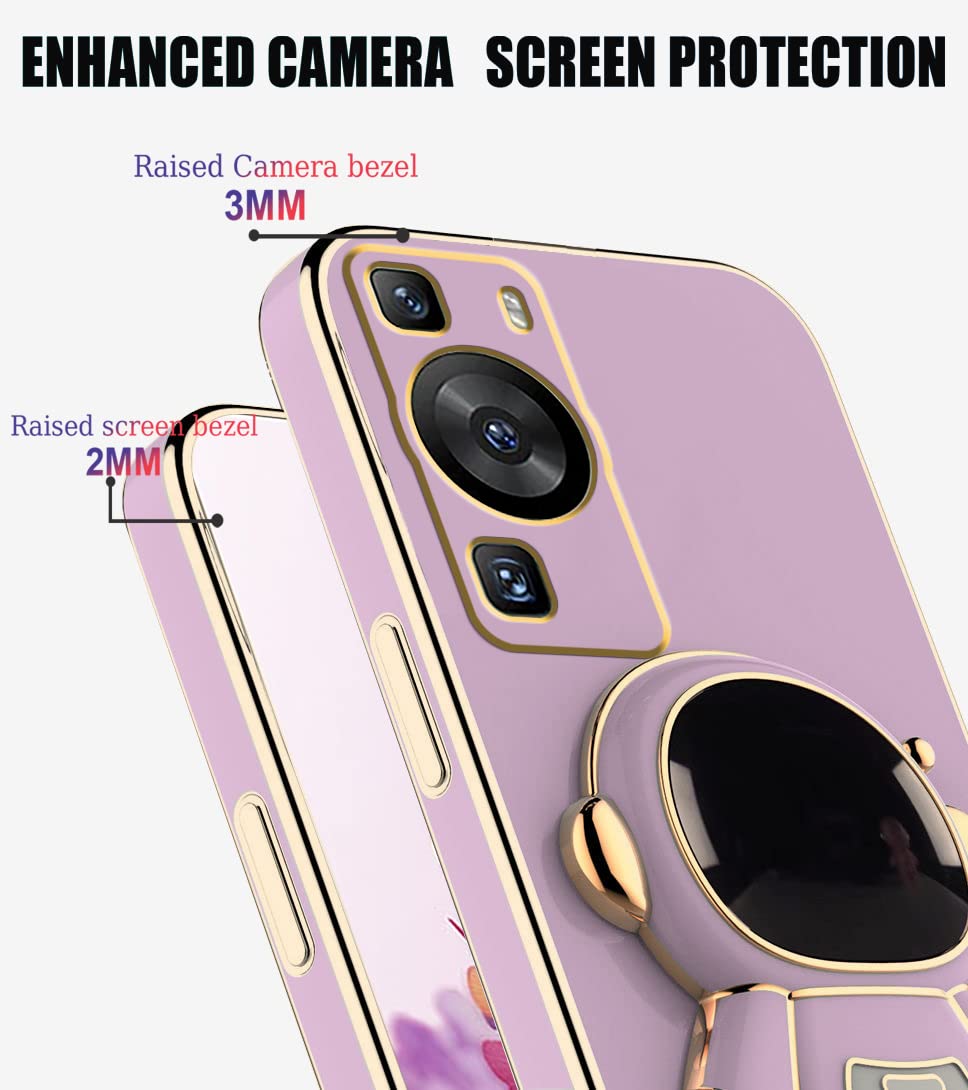 Compatible with Huawei P60 Pro Case for Women Men, Ultra Soft Huawei P60 Pro Phone Case with Stand Silicone TPU Plating Cute Astronaut Pattern Cases Cover (Purple)