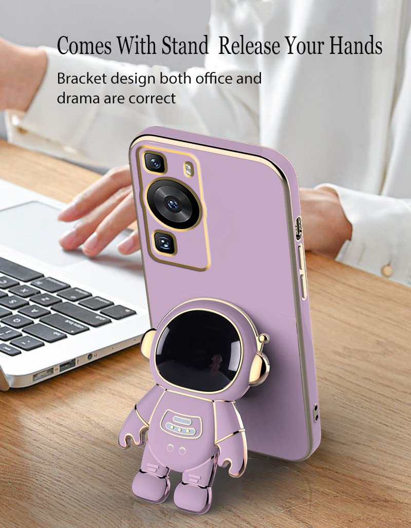 Compatible with Huawei P60 Pro Case for Women Men, Ultra Soft Huawei P60 Pro Phone Case with Stand Silicone TPU Plating Cute Astronaut Pattern Cases Cover (Purple)
