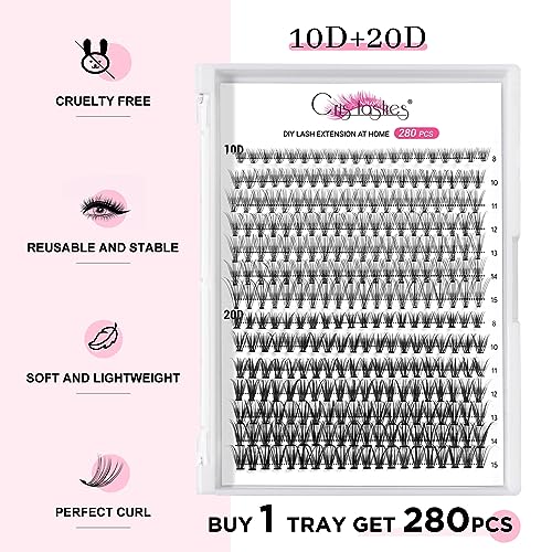 280 PCS Individual Lashes Cluster DIY Lash Clusters 10D 20D D Curl 8-15mm Cluster Lashes DIY Individual Eyelashes Lashes Wisps Reusable Soft Mini Cluster Eyelash Extensions at Home (10D/20D D 8-15mm)