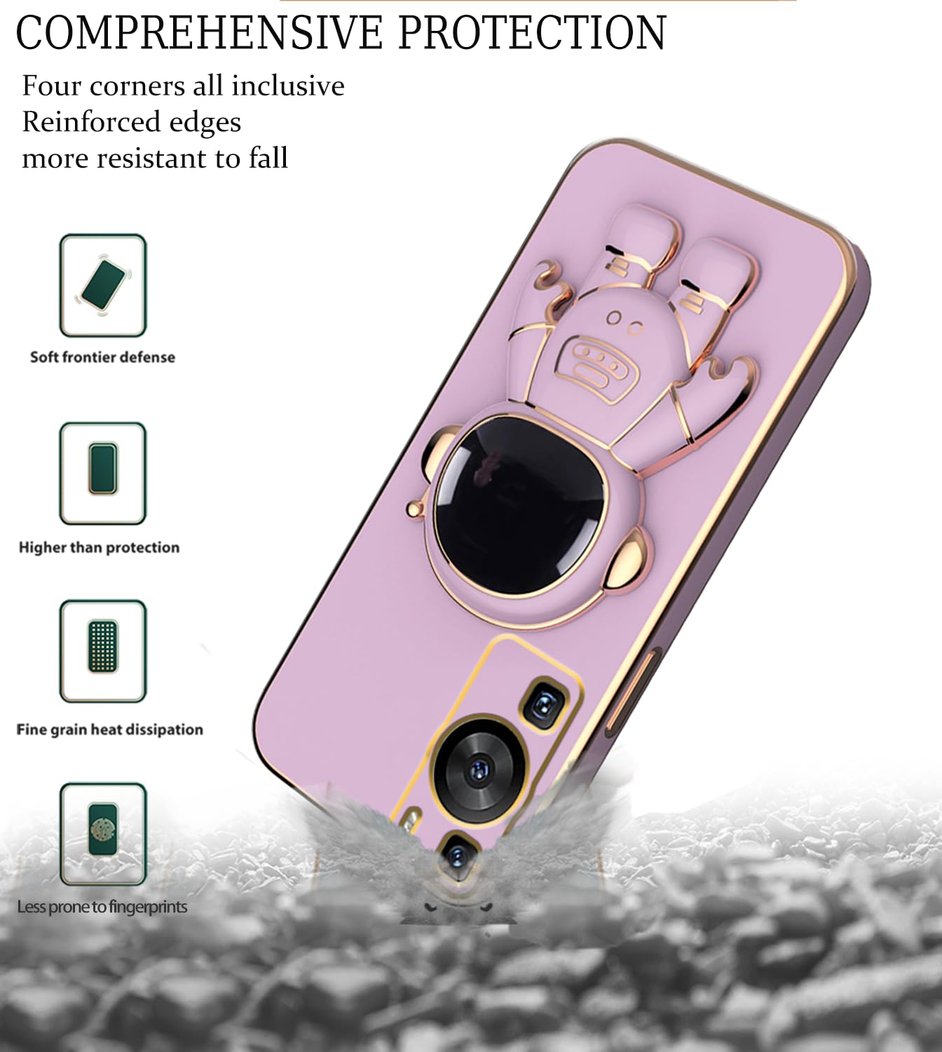 Compatible with Huawei P60 Pro Case for Women Men, Ultra Soft Huawei P60 Pro Phone Case with Stand Silicone TPU Plating Cute Astronaut Pattern Cases Cover (Purple)