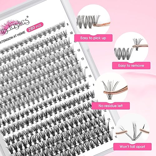 280 PCS Individual Lashes Cluster DIY Lash Clusters 10D 20D D Curl 8-15mm Cluster Lashes DIY Individual Eyelashes Lashes Wisps Reusable Soft Mini Cluster Eyelash Extensions at Home (10D/20D D 8-15mm)