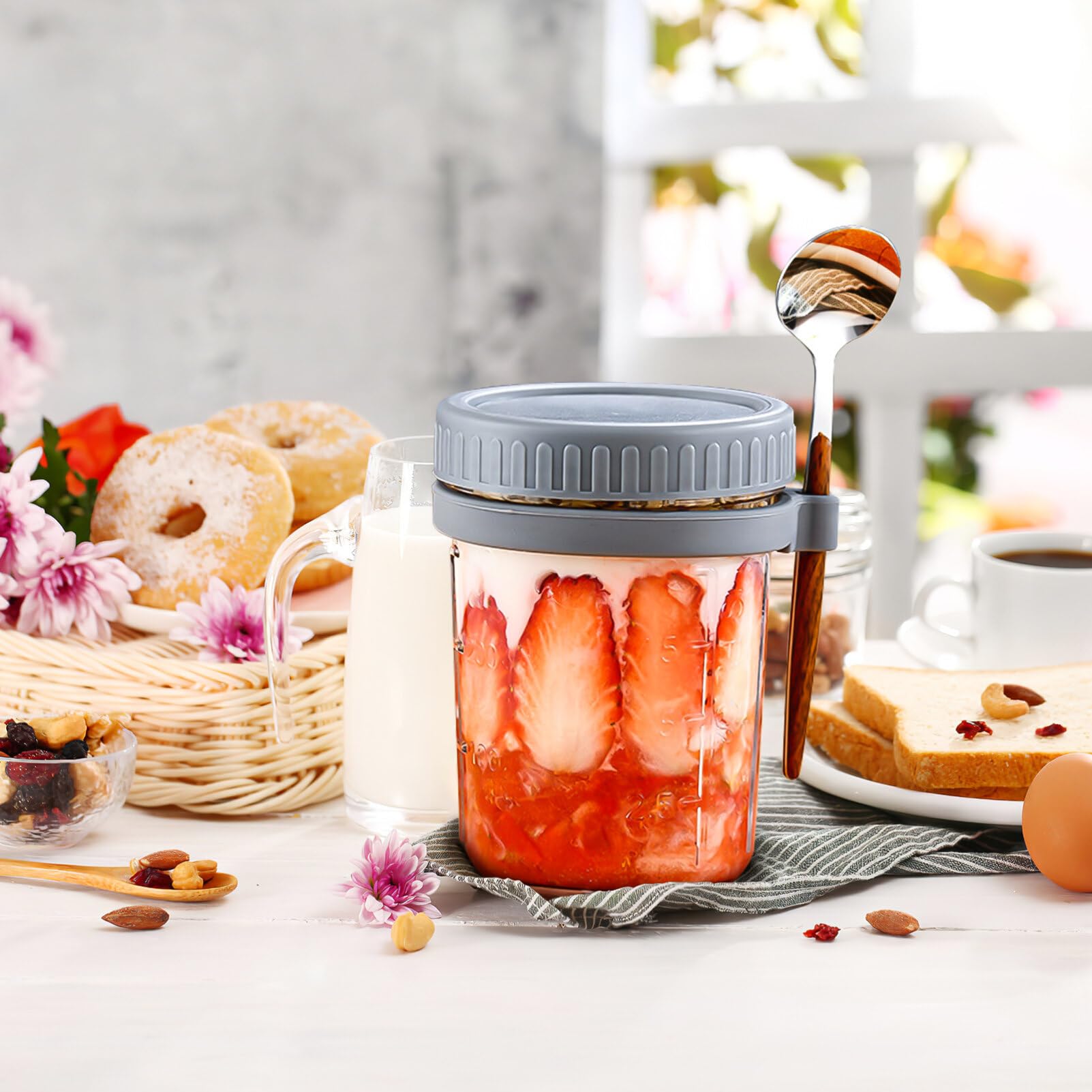 Luxshiny 4PCS Overnight Oats Containers, 14 oz Meal Prep Jars Glass Overnight Oats Jar With Lids And Spoons Large Mouth Mason Jars for Yogurt Milk Cereal