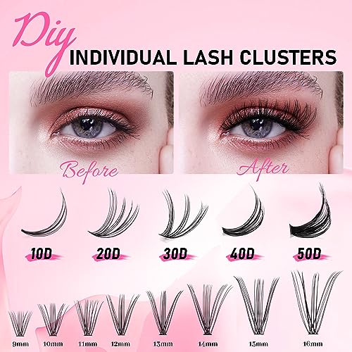 280 PCS Individual Lashes Cluster DIY Lash Clusters 10D 20D D Curl 8-15mm Cluster Lashes DIY Individual Eyelashes Lashes Wisps Reusable Soft Mini Cluster Eyelash Extensions at Home (10D/20D D 8-15mm)