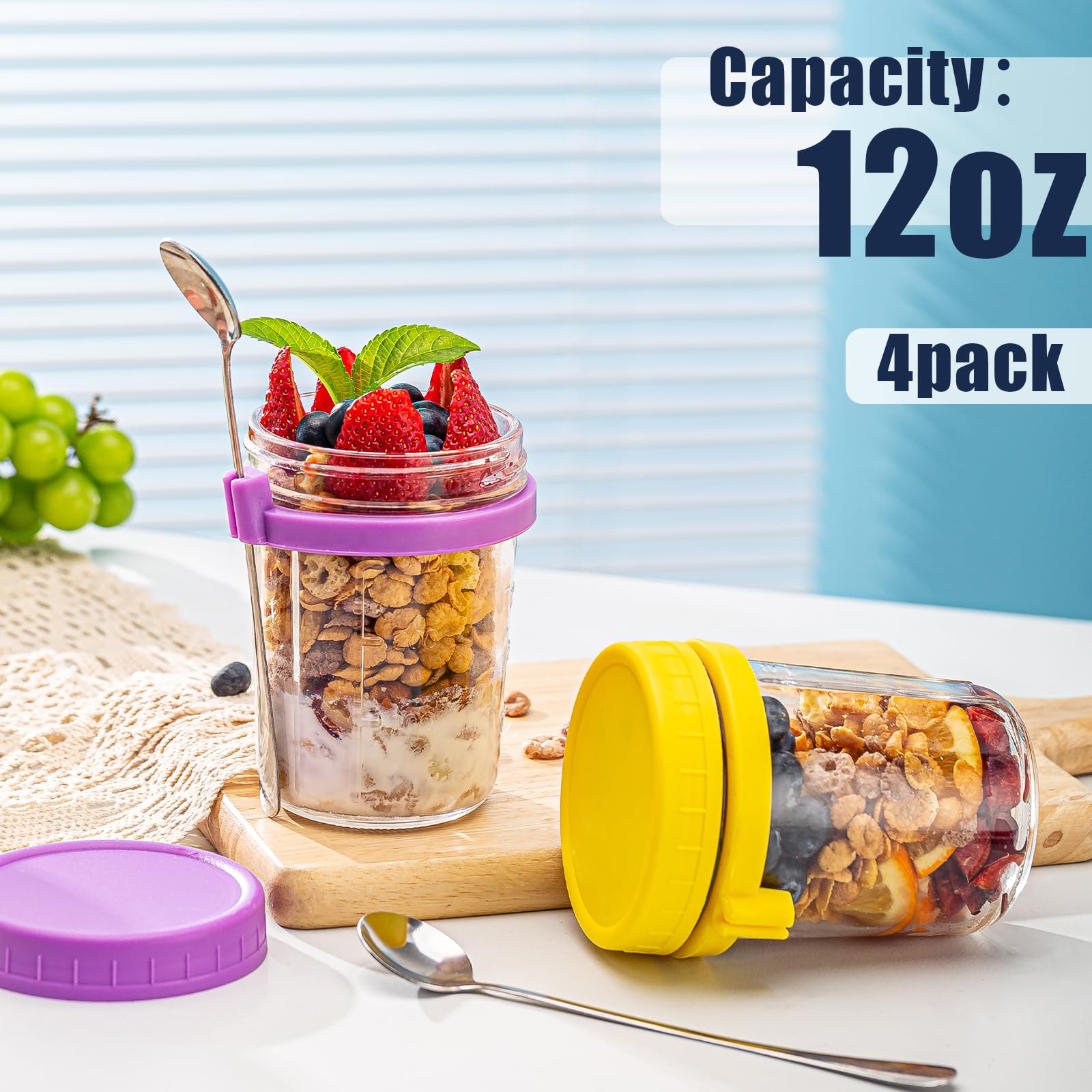wookgreat Overnight Oats Jars, Overnight Oats Container with Leakproof Lid and Spoon Set of 4, 12 Oz Glass Mason Jars, Large Capacity Wide Mouth Jars with Measure Marks for Cereal Milkshake Meal Prep