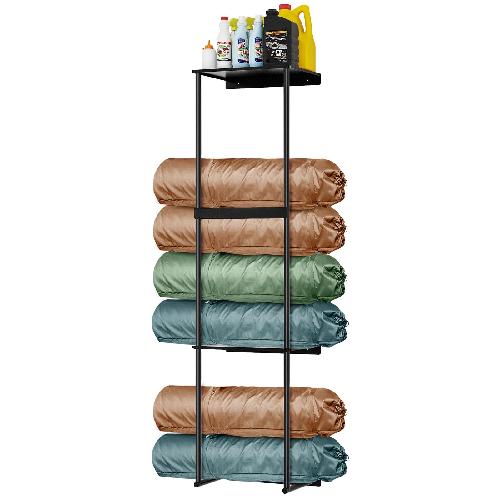 Camping Chair Wall Storage for Garage, Metal Camping Chair Storage Rack Wall Holder, Double Layer Wall Mount, Stainless Steel, Beach Chair Rack, Umbrella Holder, Organizer, Black