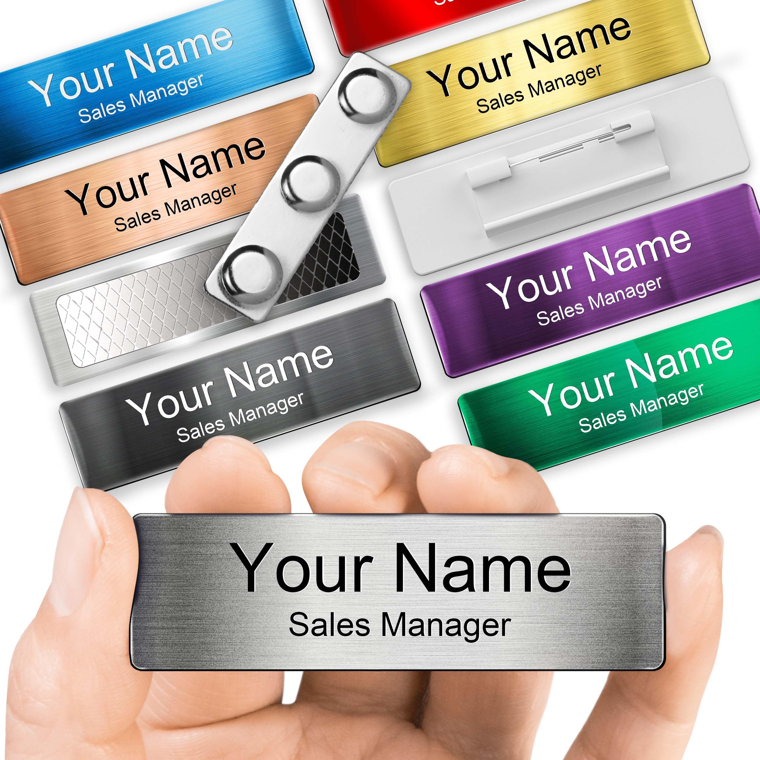 Metal Name Badge, Custom Name Tags, Personalized Identification with Pin, Adhesive or Magnetic Backing