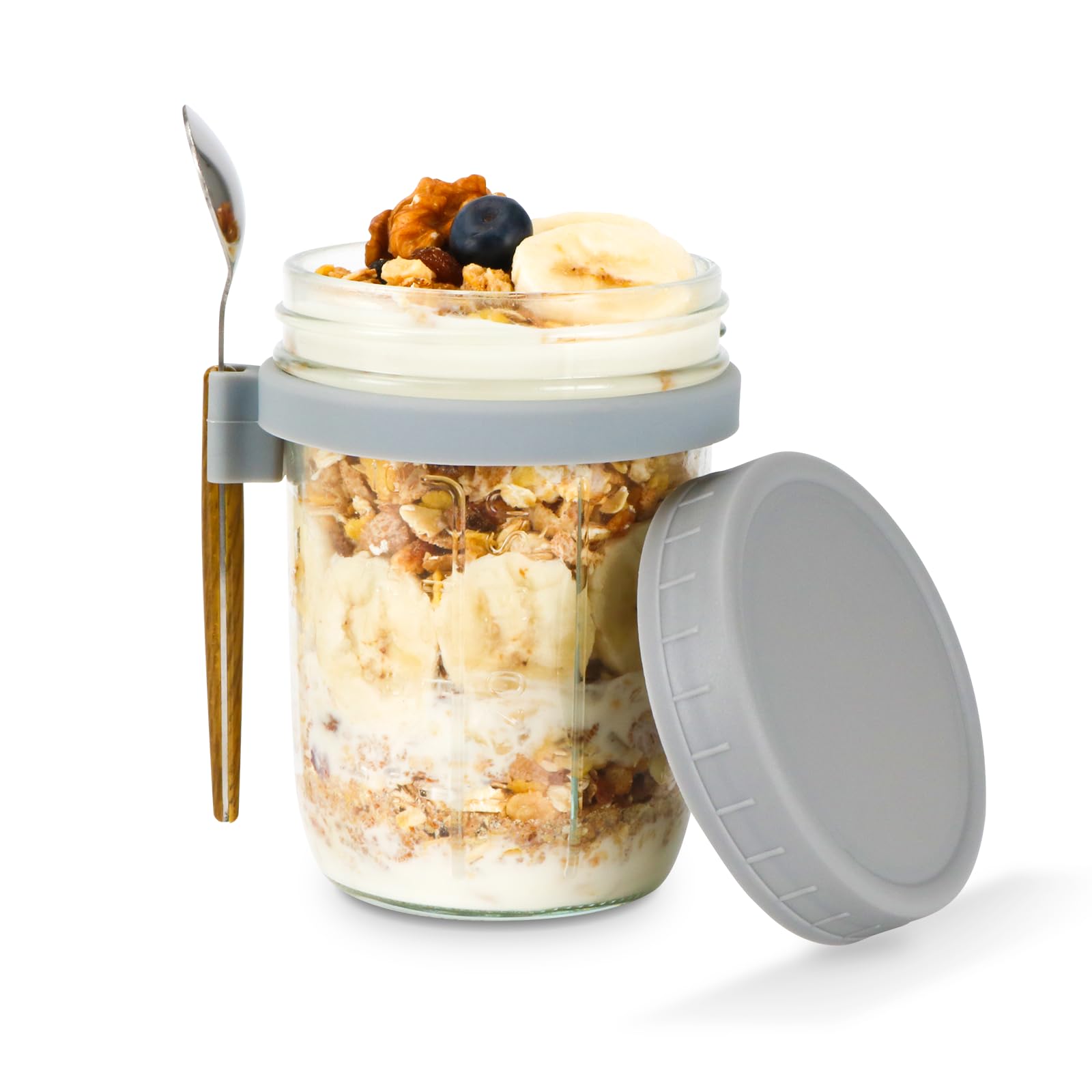 HOXHA Overnight Oats Containers With Lids And Spoon Glass Mason Jars Reusable With 12 Oz Measurement Marks For Cereal Yogurt And Parfait