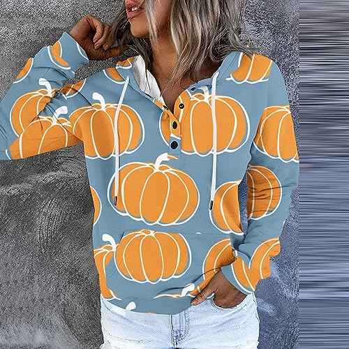 JDHUFEI Halloween Hoodie for Women Fall Casual Long Sleeve Pullover Pumpkin Print Drawstring Sweatshirt Button Loose Fit Tops