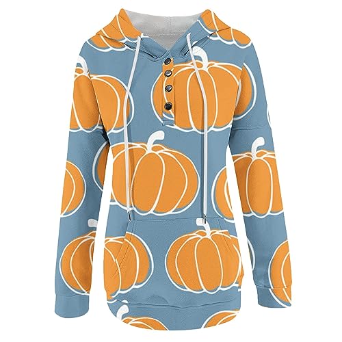 JDHUFEI Halloween Hoodie for Women Fall Casual Long Sleeve Pullover Pumpkin Print Drawstring Sweatshirt Button Loose Fit Tops