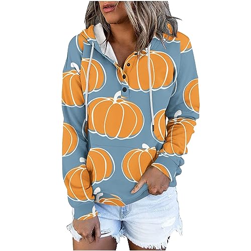 JDHUFEI Halloween Hoodie for Women Fall Casual Long Sleeve Pullover Pumpkin Print Drawstring Sweatshirt Button Loose Fit Tops