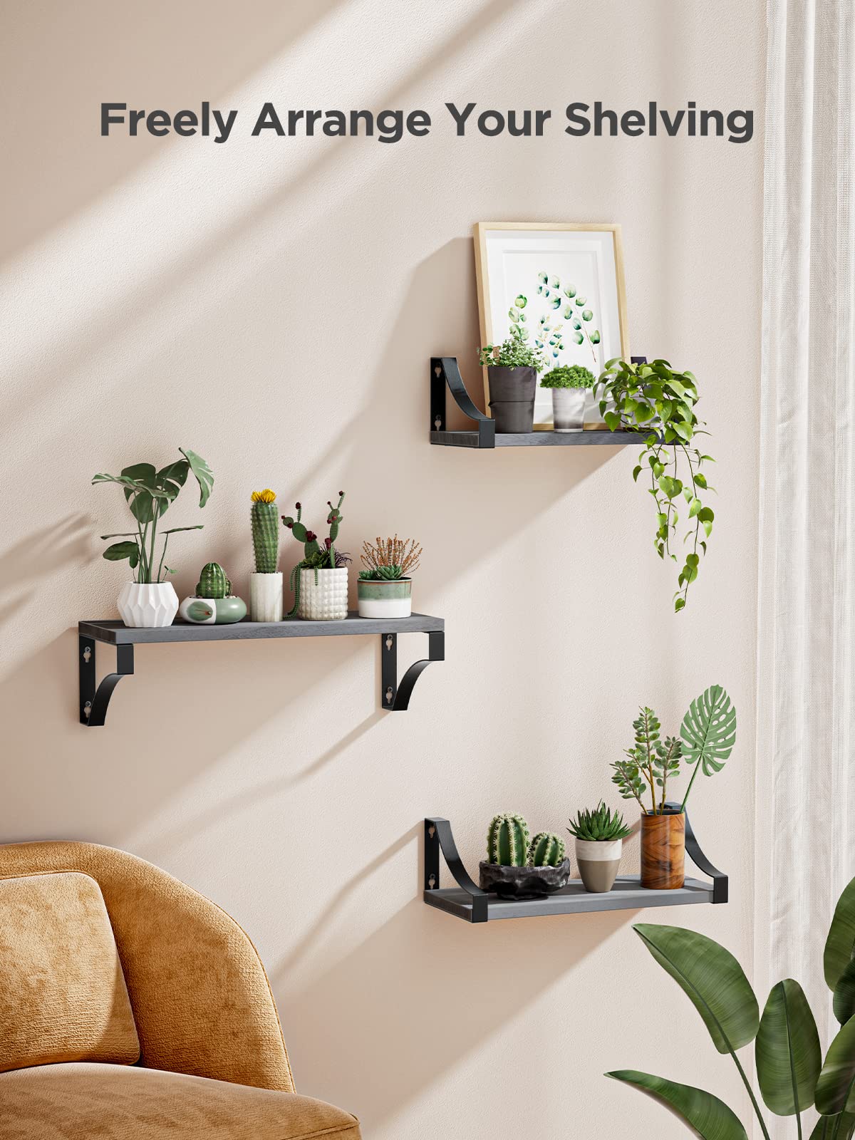 AMADA HOMEFURNISHING Floating Shelves Wall Mounted Set of 3, Rustic Wood Wall Shelves for Bedroom, Bathroom, Living Room, Kitchen, Laundry Room Storage & Decoration, Gray