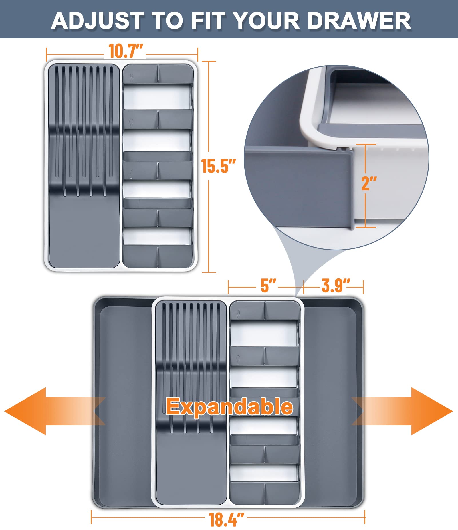 Kitchen Drawer Organizer, Silverware Organizer w/ Knife Block, Expandable Utensil Organizer and Cutlery Tray for Drawers, Large Silverware Tray for Kitchen Utensils Flatware Knives Storage & Organize