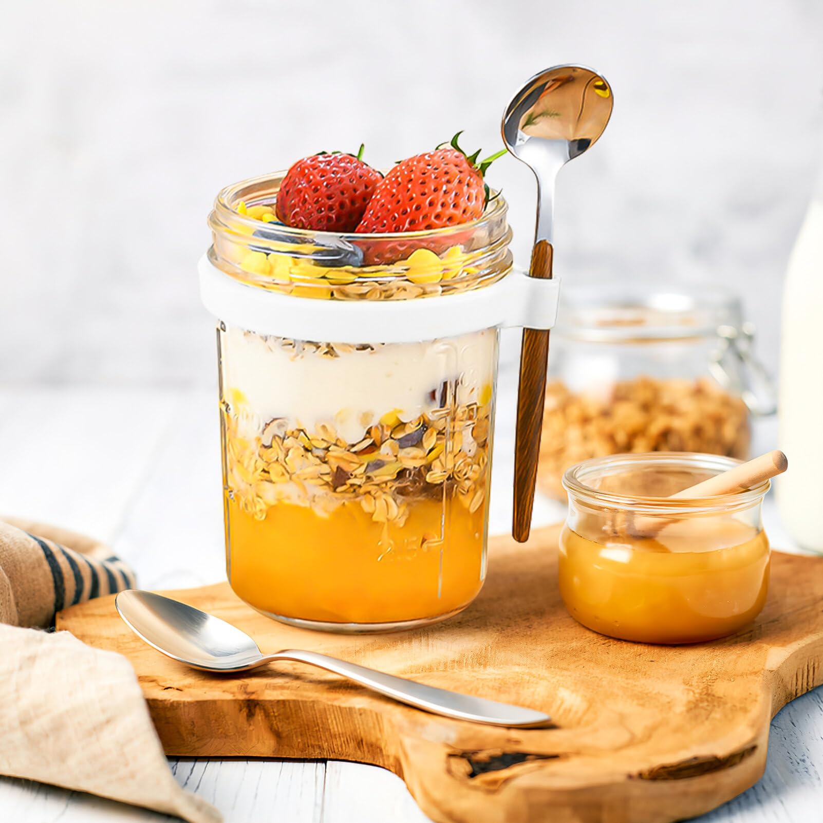 Luxshiny 4PCS Overnight Oats Containers, 14 oz Meal Prep Jars Glass Overnight Oats Jar With Lids And Spoons Large Mouth Mason Jars for Yogurt Milk Cereal