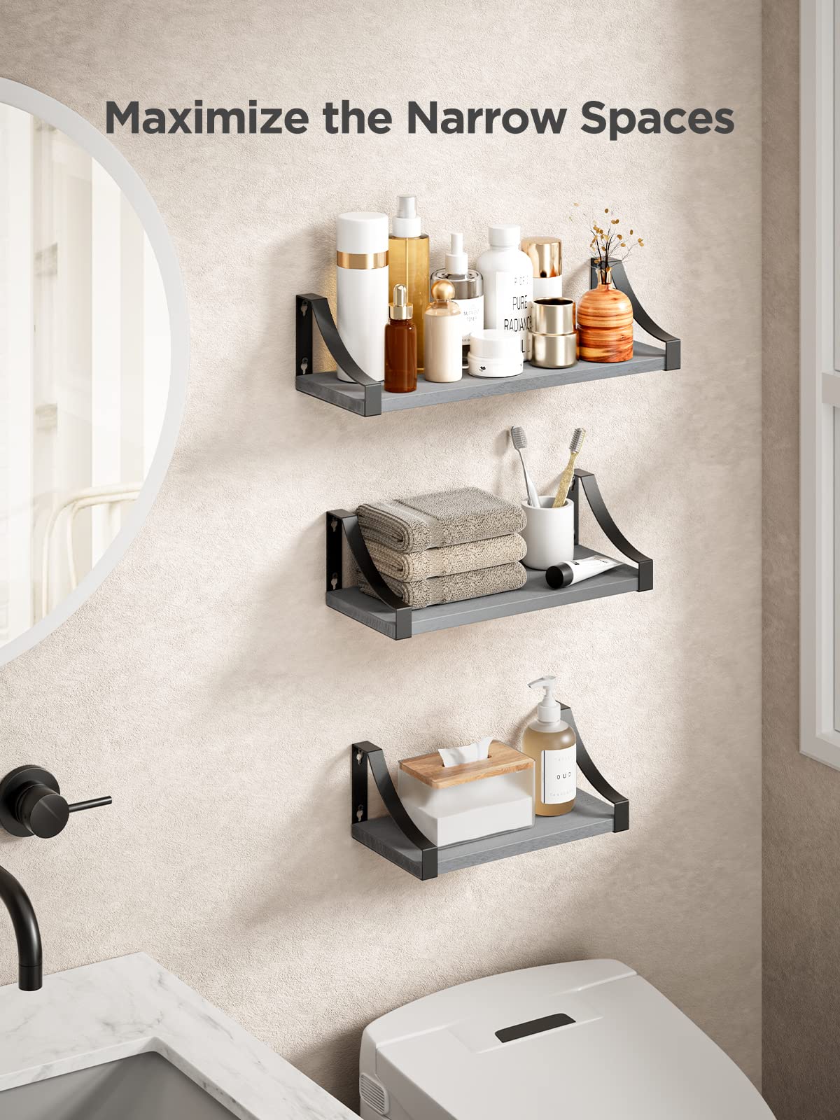 AMADA HOMEFURNISHING Floating Shelves Wall Mounted Set of 3, Rustic Wood Wall Shelves for Bedroom, Bathroom, Living Room, Kitchen, Laundry Room Storage & Decoration, Gray